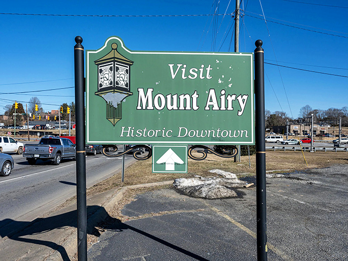 Mount Airy's welcome sign stands ready to greet visitors like Andy Griffith himself might have done.