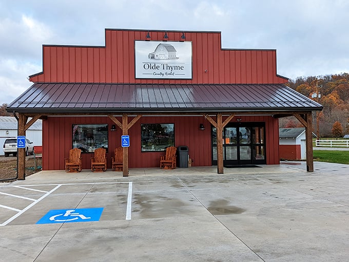A red barn building that looks like it jumped straight out of American farming folklore.