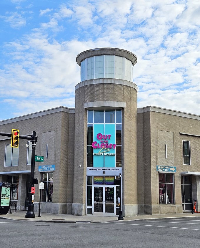 This architectural gem stands out like a beacon for Columbus shoppers seeking quality over quantity finds.