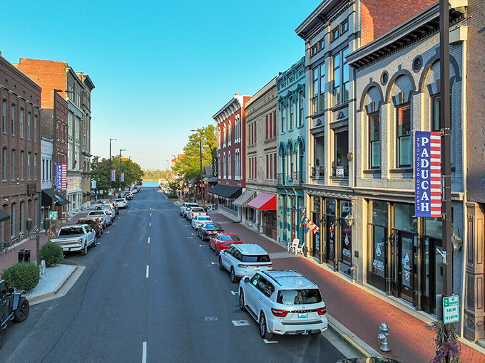 Paducah's main street at golden hour looks like what happens when small-town America gets dressed up for a date with your retirement savings.