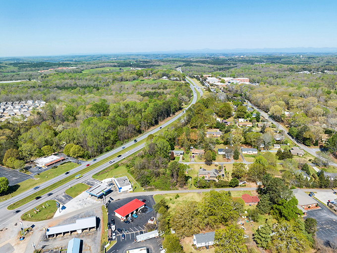Pendleton's aerial view reveals a perfect small town nestled among South Carolina's rolling hills. Norman Rockwell would approve.