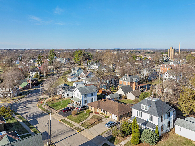 A bird's-eye view of Platteville showcases peaceful neighborhoods where retirees find both community and value.