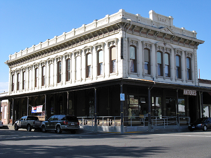 The historic I.O.O.F. Building in Red Bluff, California &mdash; an elegant 19th-century landmark featuring ornate Victorian architecture, now housing antique shops in the heart of downtown.