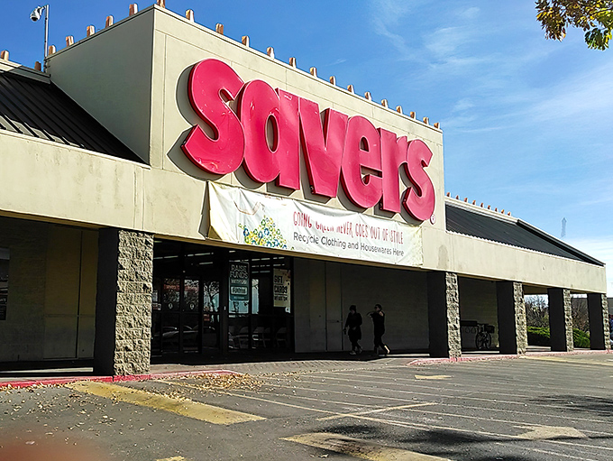 That bold pink signage announces a thrift empire where thirty dollars feels like winning.