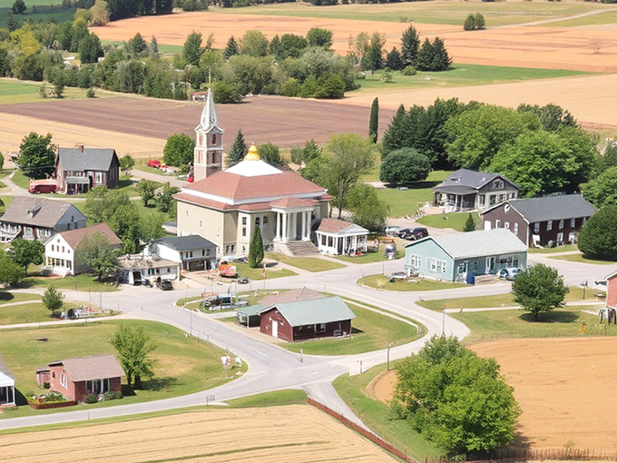 From above, this small-town gem reveals its agricultural roots with farmland rolling away like a patchwork quilt in every direction.