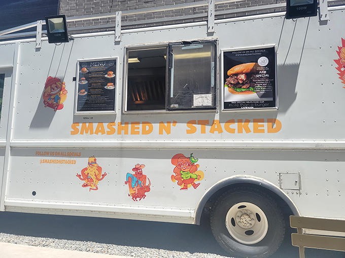 White truck, colorful characters, and a window to burger heaven. The best things come in unexpected packages!