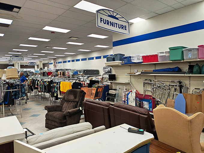Inside St. Vincent's, furniture finds await new homes. Those comfy recliners and practical tables are priced to move faster than free cake at an office party!