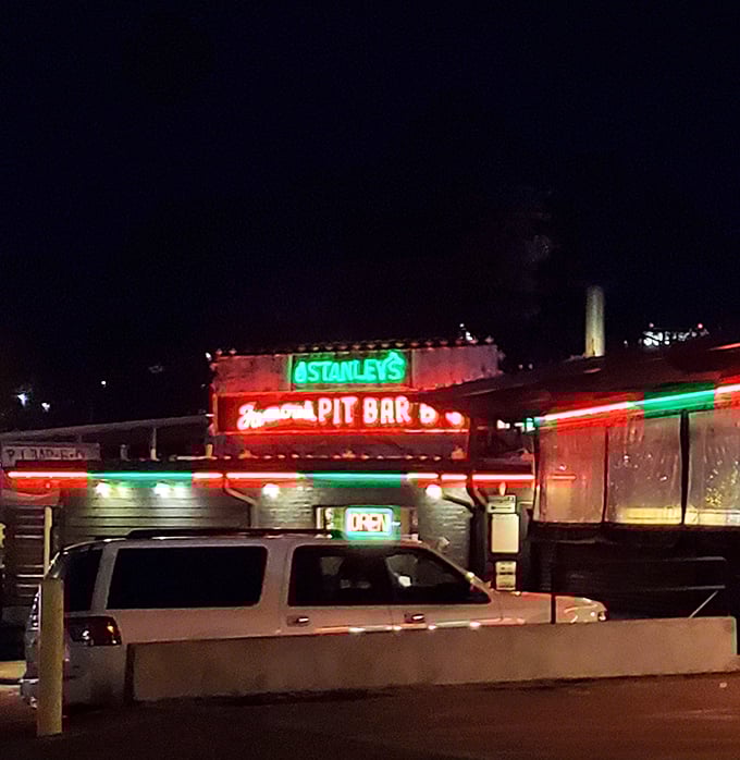 The famous red and green neon announces Stanley's like a Vegas marquee for meat lovers. BBQ with star power.
