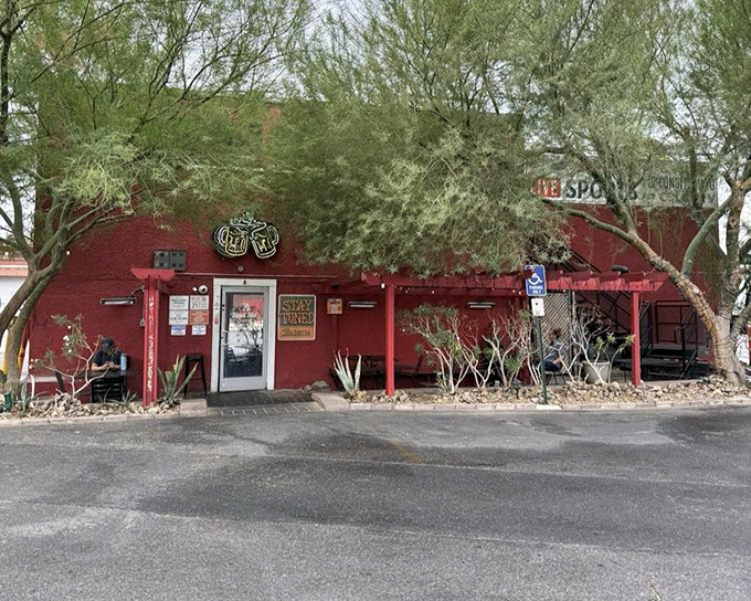 The crimson exterior of Stay Tuned Burgers stands bold against the landscape, like a delicious mirage in burger form.
