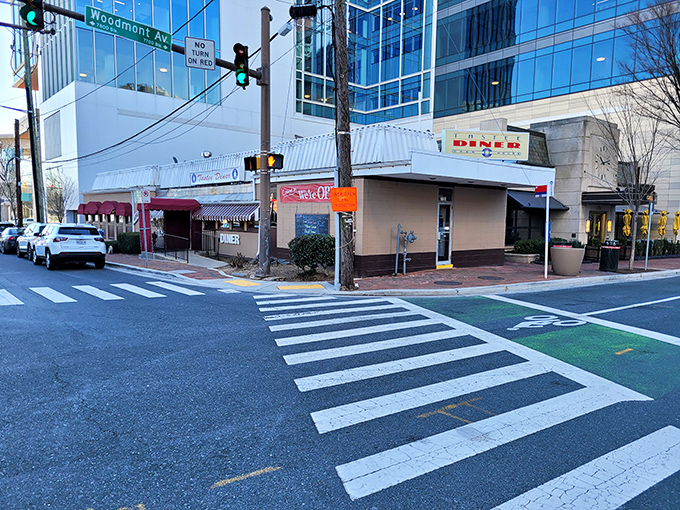 The corner location of Tastee Diner makes it a landmark in Bethesda, visible from blocks away.
