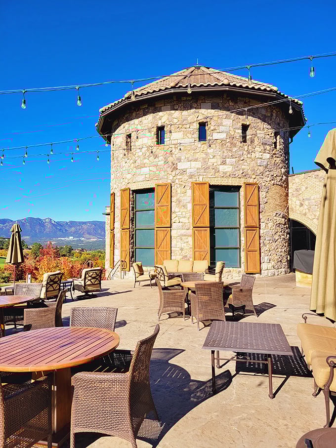 That stone tower isn't just architecture – it's a beacon calling all steak lovers to mountain dining perfection.