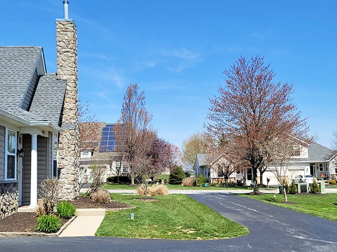 Stone chimneys and winding streets create a neighborhood with character—spring trees and blue skies make every day at Hillview feel like a perfect Sunday afternoon.
