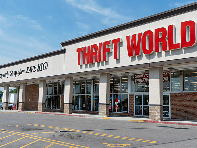 "Shop early. Shop often. SAVE BIG!" The motto says it all at this thrift superstore. The expansive facade hints at the treasures waiting inside.