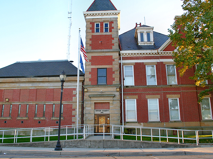 Law and order architecture! Tipton County's jail combines brick-and-mortar authority with flag-waving patriotism in a building that says "we're serious about justice but stylish about it."