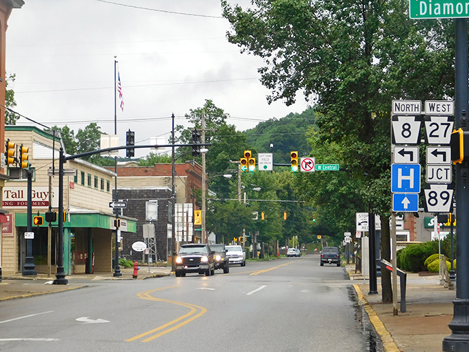 Titusville's peaceful main street showcases affordable small-town living with mountains in the background&mdash;perfect for retirees on a budget.