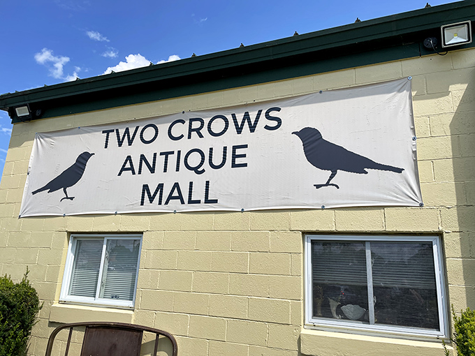 The simple banner with those watchful crows promises no-nonsense antiquing inside this Ranson establishment.