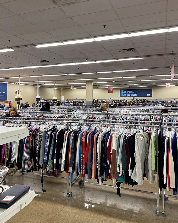 Inside, endless racks create a clothing wonderland where designer dreams meet budget-friendly reality perfectly.