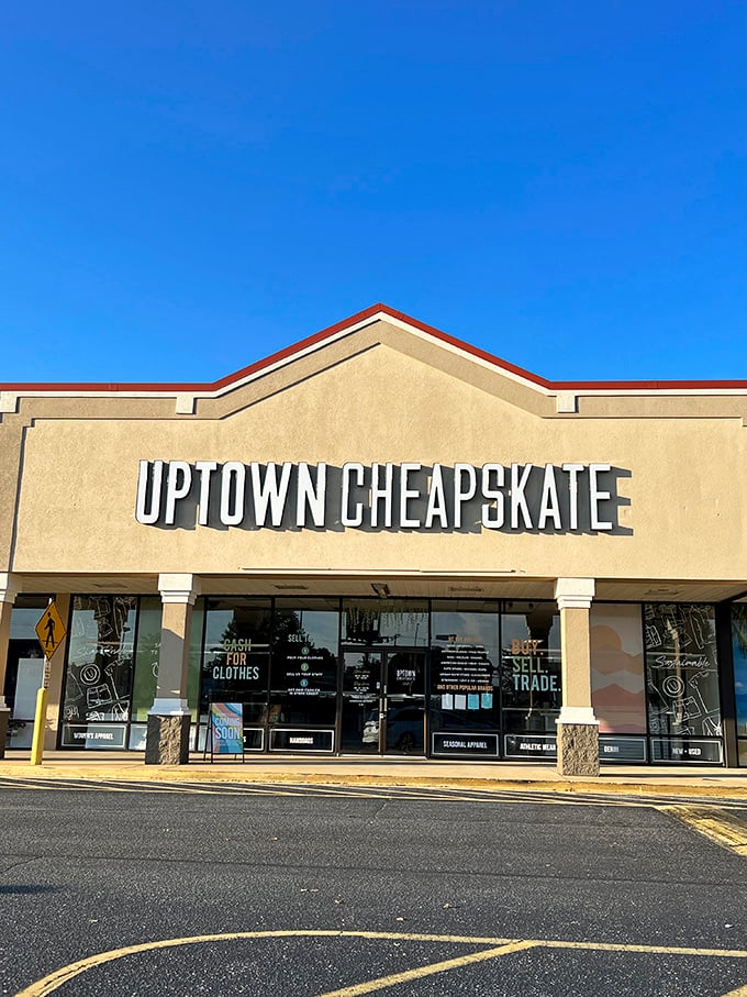 Under clear blue skies, Uptown Cheapskate's sleek exterior hints at the curated fashion finds waiting inside.