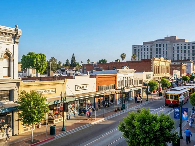 The heart of Visalia offers small-town charm with its vintage trolley and well-preserved historic buildings lining tree-shaded streets.
