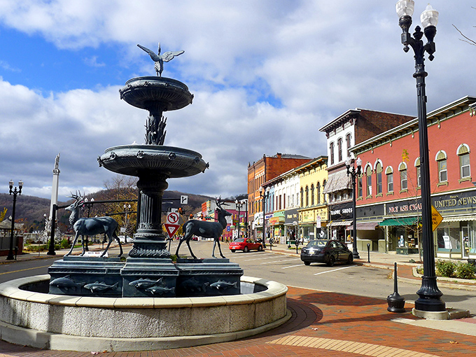 A fountain with deer and angels&mdash;part sculpture, part storybook&mdash;standing proudly as the town&rsquo;s own little Broadway star.