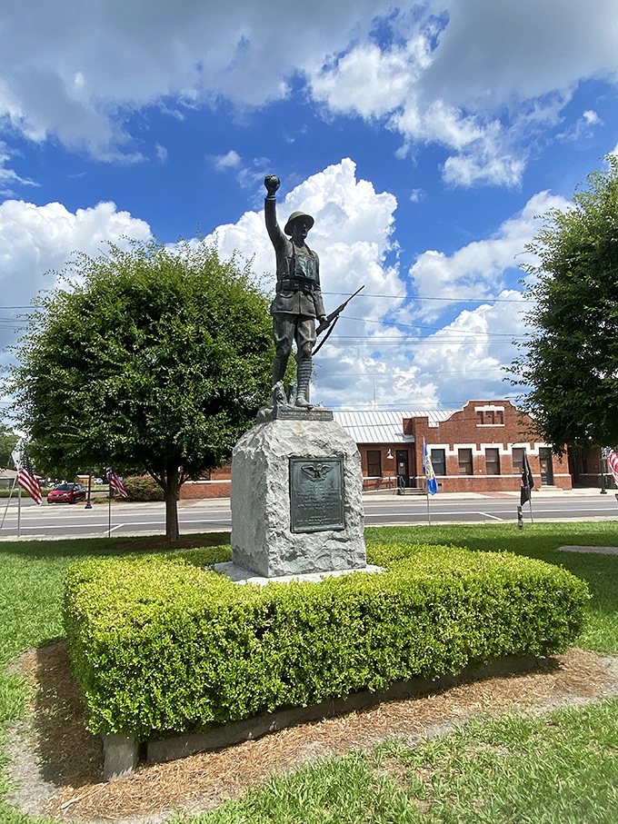 The Doughboy statue honors local heroes while reminding visitors of this community's deep roots.