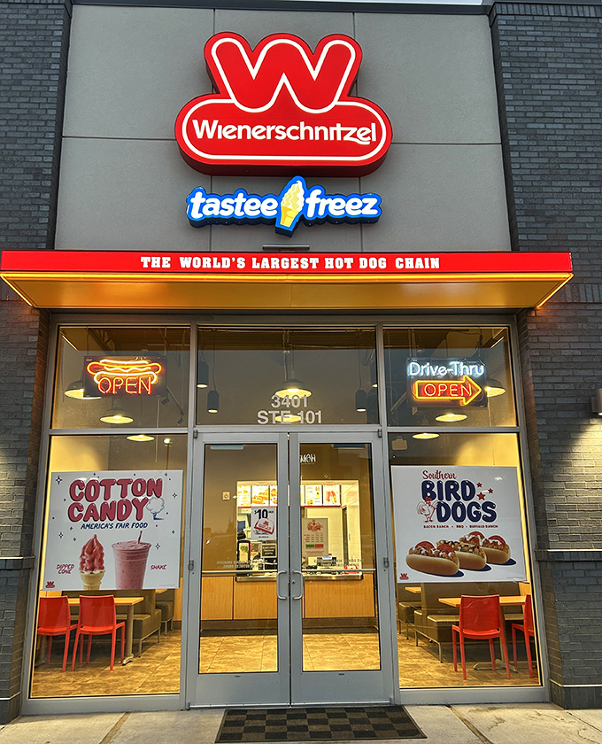 Wienerschnitzel's illuminated storefront beckons night owls. Those "Open" signs are speaking directly to your stomach!