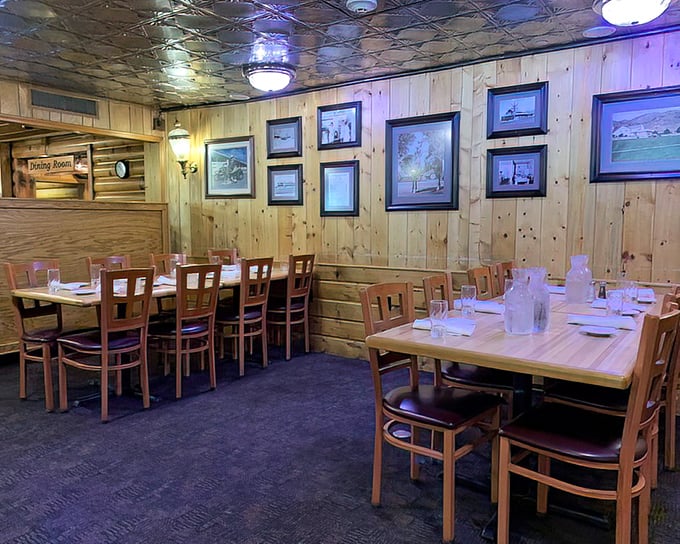 The dining room's rustic elegance says "stay awhile"&mdash;these wooden walls have witnessed countless birthday celebrations, anniversaries, and first dates.