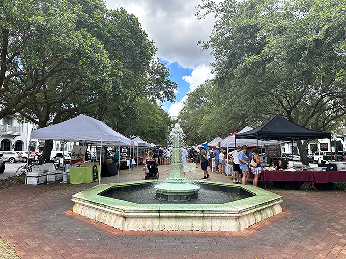 The farmers' market transforms an ordinary plaza into a bustling bazaar where local treasures await discovery.