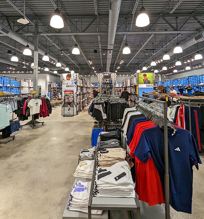 Rows of athletic gear stretching endlessly prove that looking sporty is now more affordable than actually being sporty.