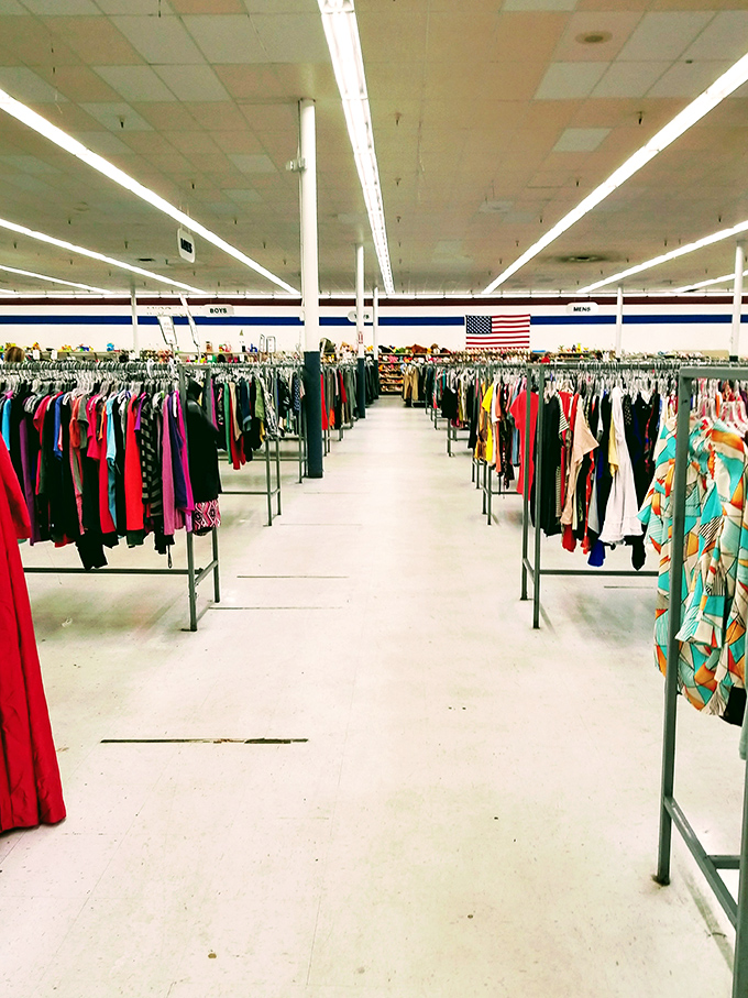An American flag watches over shoppers as they navigate the sea of options. Patriotism meets practicality in every aisle.