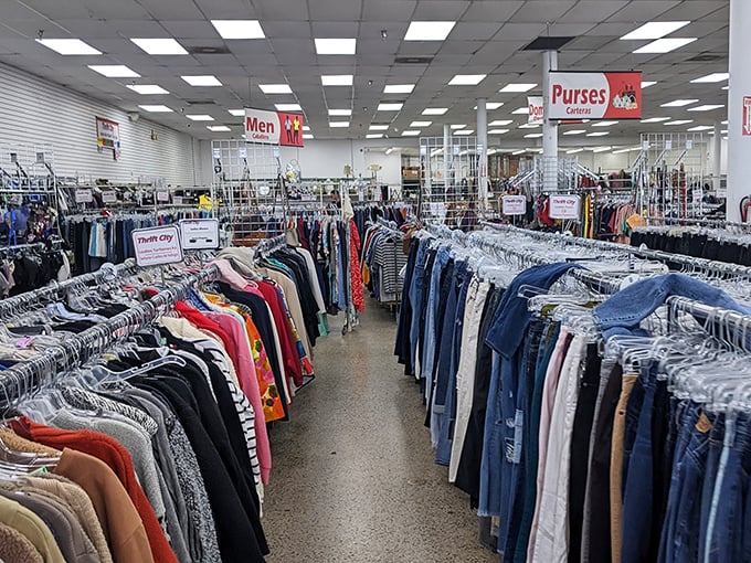 Organized chaos reigns in the clothing department, where color-coded racks create a rainbow road map for dedicated bargain hunters.
