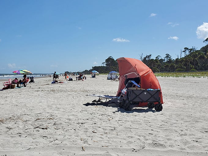 Beach day perfection: where umbrellas bloom like exotic flowers and the Atlantic stretches endlessly into fifty shades of blue.