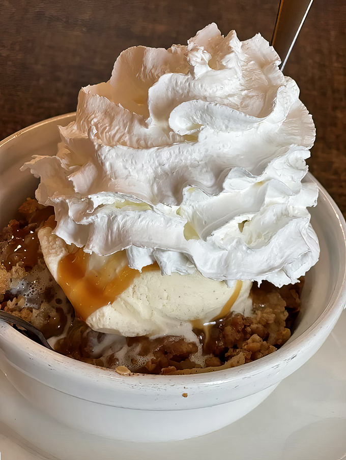 Not just apple crisp&mdash;it's apple crisp that's achieved its final form, crowned with ice cream and enough whipped cream to make your cardiologist wince approvingly.