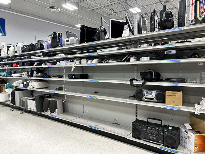 Electronics section looking a bit picked over, but remember&mdash;someone's abandoned boom box could be your next conversation piece.