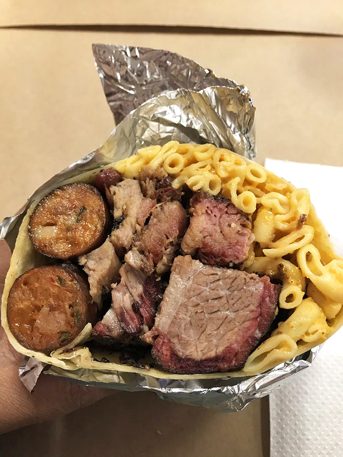 The BBQ burrito: where Texas meets California in a foil-wrapped package that makes crossing state lines deliciously unnecessary.