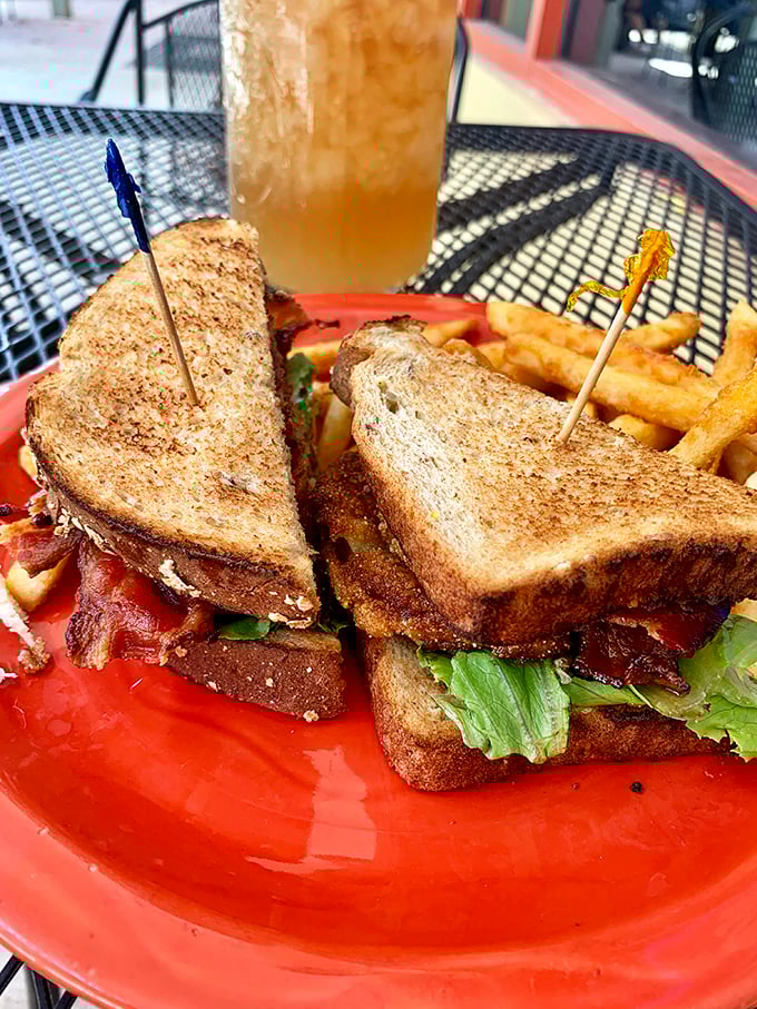 A sandwich that understands the importance of proper architecture. Crispy toast, garden-fresh veggies, and what appears to be bacon perfection.