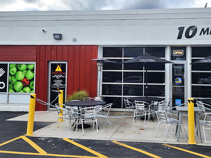 Bad Apple Garage's outdoor seating area proves that good times come in simple packages&mdash;fresh air, good company, and whatever's on tap today.