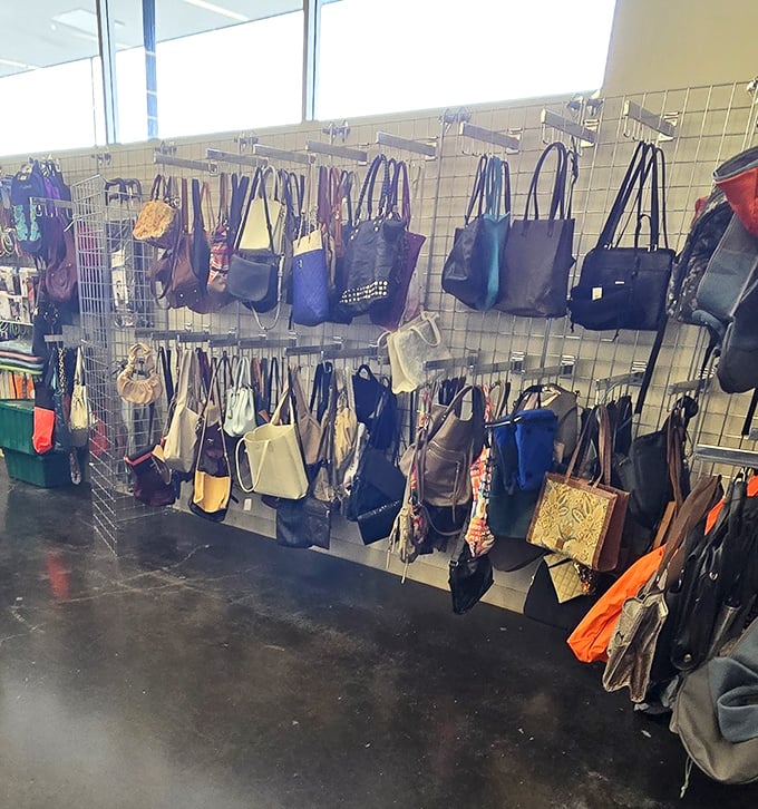 Handbag heaven! From practical totes to statement purses, this wall of accessories proves one shopper's castoff is another's fashion find.