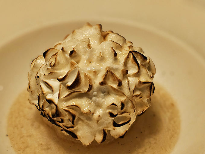 Baked Alaska standing proud like a meringue-armored sentinel, ready to defend its delicious interior against all who dare approach with a spoon.