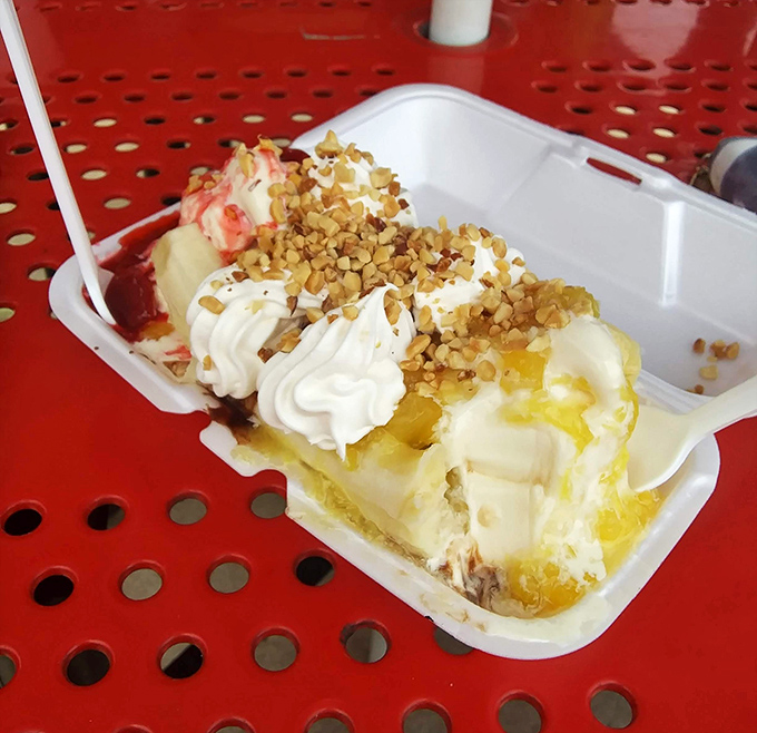 The banana split arrives like a dairy-based celebration, complete with enough toppings to share (but why would you?).