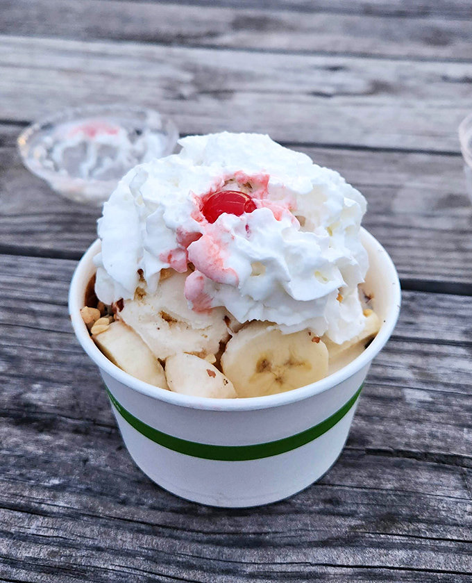 Banana royalty deserves a proper crown—whipped cream, cherry, and nuts create the perfect headwear for this classic frozen throne.