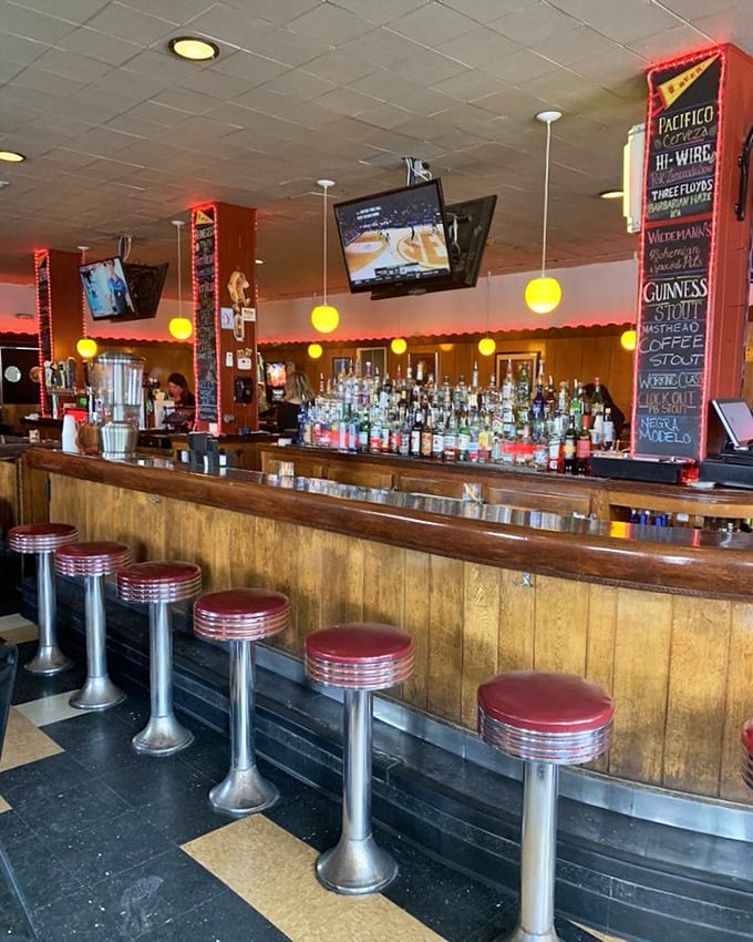 Classic Americana with a twist. Those red vinyl bar stools have witnessed countless "I can't believe I'm putting this on a hot dog" moments.