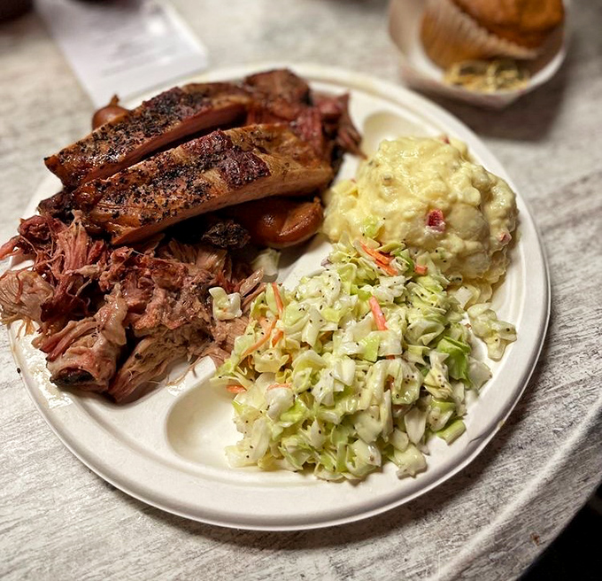 A proper barbecue plate with all the fixings - this is what happiness looks like on white dishware.