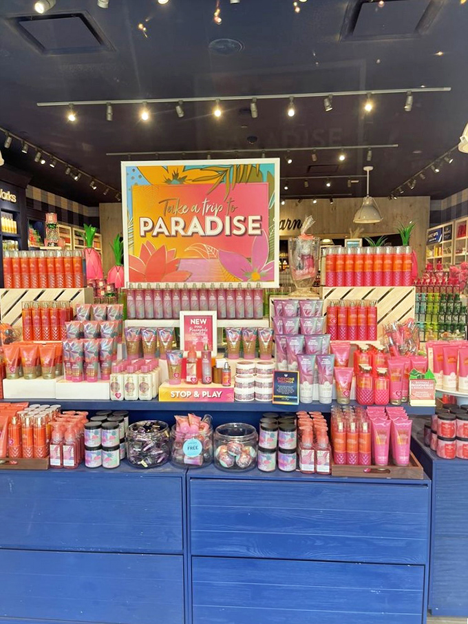 Bath & Body Works' "Trip to Paradise" display—because nothing says "tropical getaway" like smelling like one even when you're just at the office.