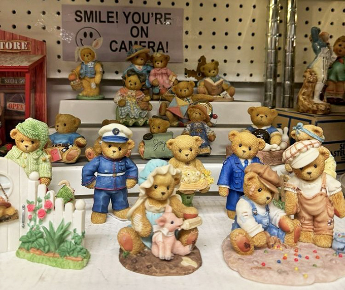A battalion of teddy bears stands at attention, their well-loved faces silently judging whether you're worthy of adopting them for a second life.