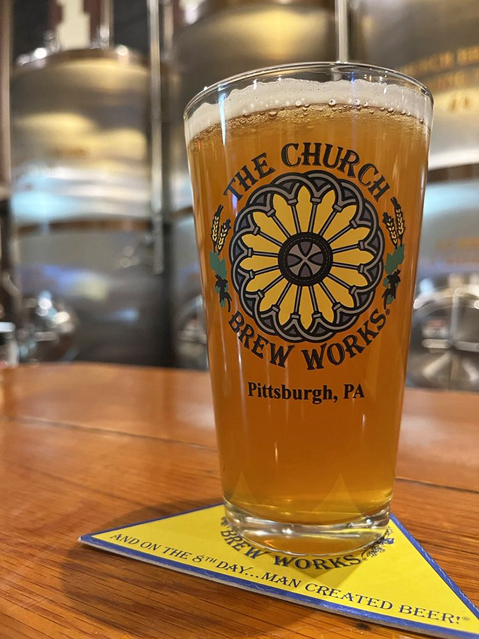And on the 8th day... The Church Brew Works' golden elixir, served in a glass bearing their rose window logo.