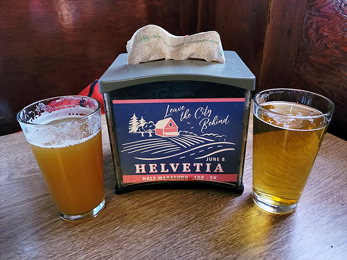 Local brews and a nod to the Helvetia Half Marathon&mdash;because you'll need to run one after eating here. Balance in all things.