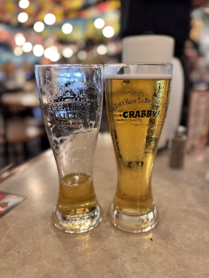"You don't have to be crabby" proclaims the beer glass, though you might be if someone tries to take the last sip of your cold brew.