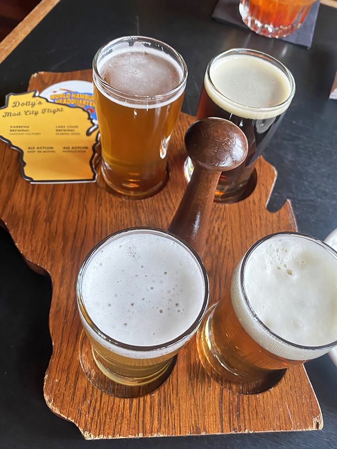 Wisconsin-shaped flight boards showcase local brews, proving that beer sampling is practically a civic duty in Madison.