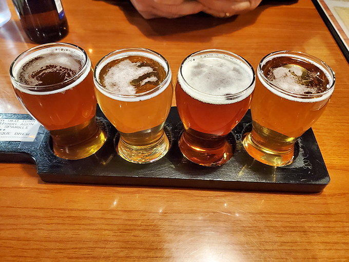 A flight of beers standing at attention, ready for barbecue pairing duty. Each one has been training its whole life for this moment.